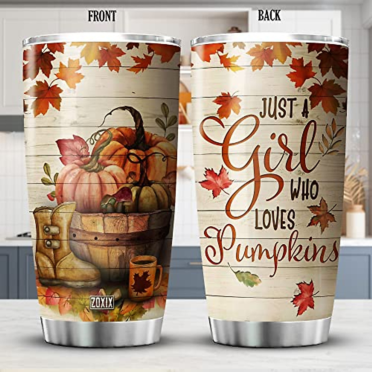 ZOXIX Just A Girl Who Loves Pumpkin Tumbler With Lid 20oz Vintage Autumn Coffee Mug Stainless Steel Cup Fall Leaves Pumpkin Themed Gifts For Women Halloween Farm Girl Tumblers