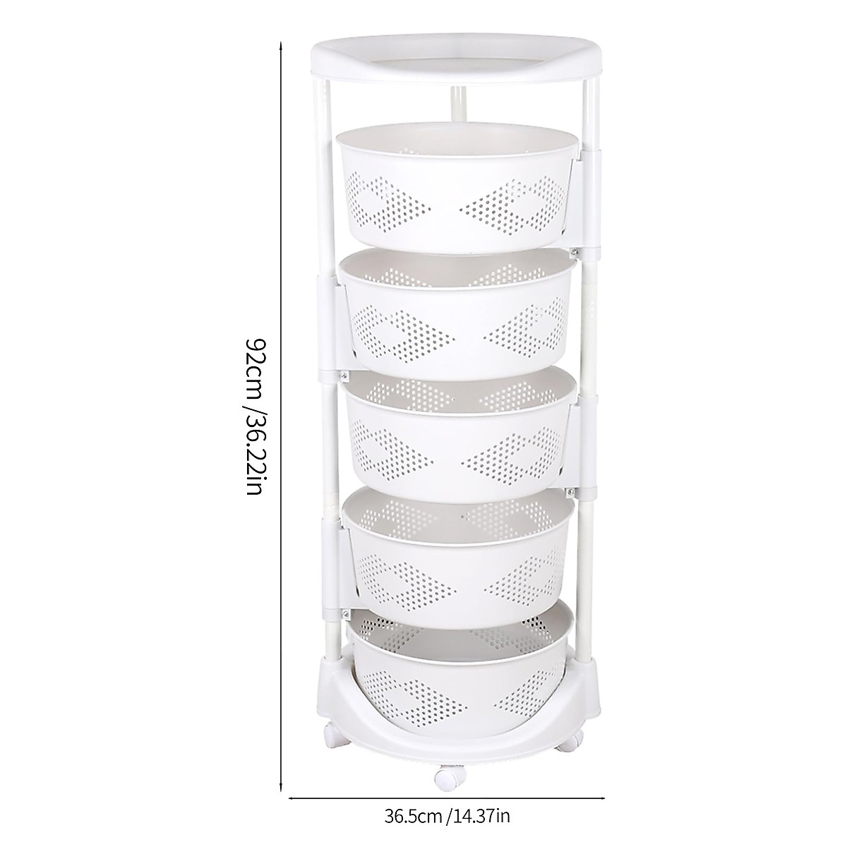 Round Rotating Storage Shelf 5-Tier Kitchen Rack Organizer Household Floor-Standing Vegetables Basket Rack with Lockable Casters for Kitchen, Living Room, White