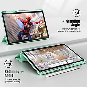 QitayoLife Hybrid Slim Case for Galaxy Tab S7 FE with Screen Protector, Clear Transparent Shockproof Back Cover with S Pen Holder Auto Wake/Sleep for Samsung Galaxy Tab S7 FE 12.4 Inch (Tea Green)