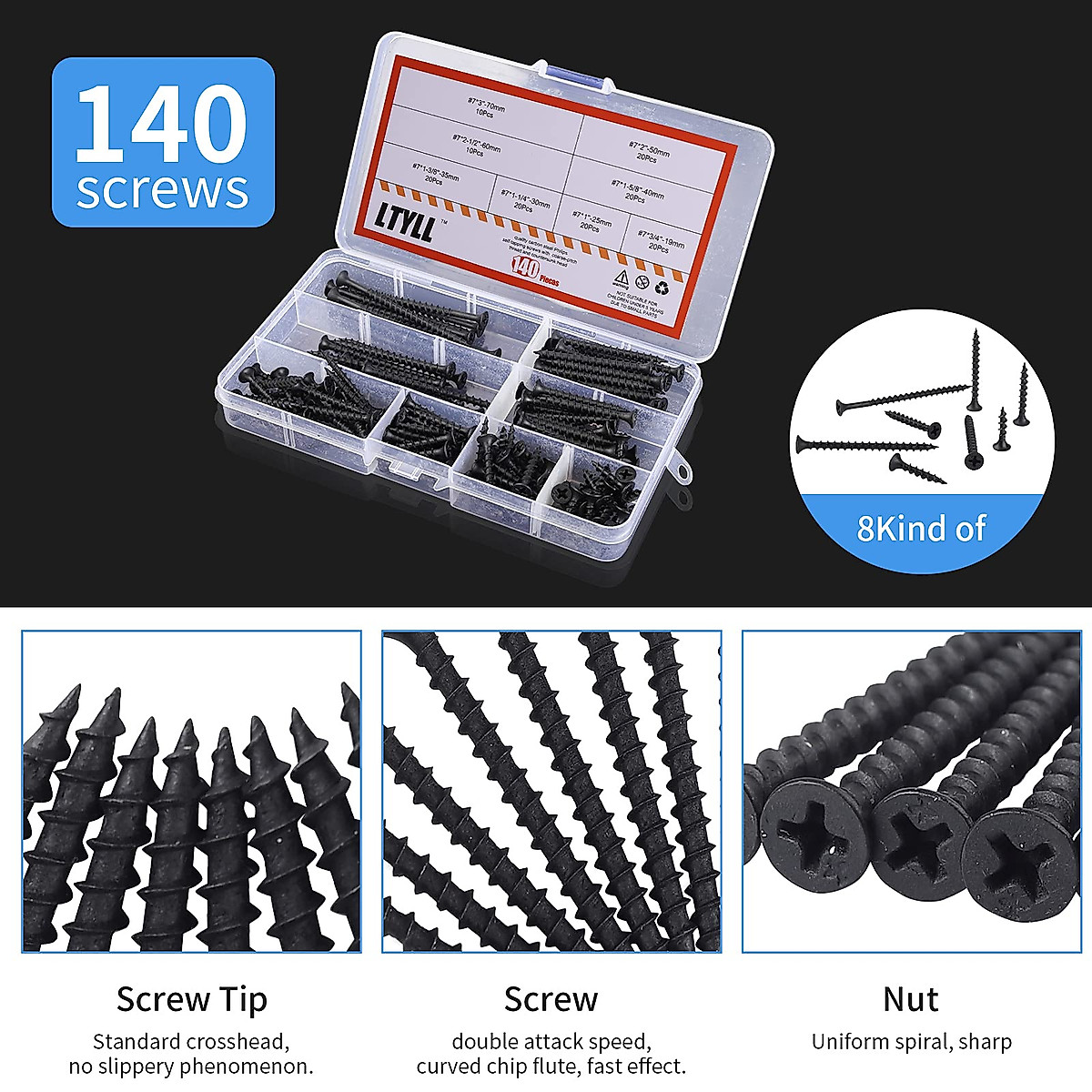 LTYLL ITYII 140 PCS #7 Quality Carbon Steel Philips self-Tapping Screws with coarse-Pitch Thread and countersunk Head, a Set of 8 Different Wood Screws, Suitable for Dry Wall