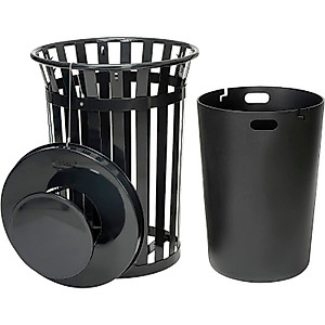 Global Industrial 36 Gallon Outdoor Metal Slatted Trash Receptacle with Rain Bonnet Lid, Black
