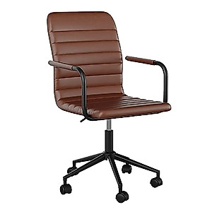 Martha Stewart Taytum Swivel Task Chair with Armrests for Home Office in Saddle Brown Faux Leather with Oil Rubbed Bronze Frame