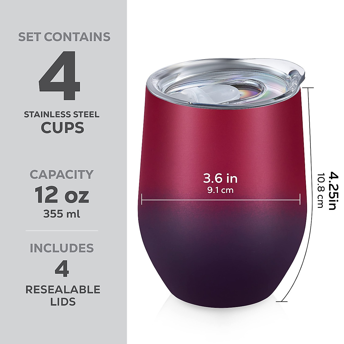 FineDine Triple Insulated Wine Tumbler With Lid (4 Pack) 12oz Stainless Steel Set- Tumblers Keep Drinks Hot & Cold for Outdoors, Beach, Picnics- Unbreakable Glasses With BPA Free Lids (Purple Print)