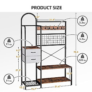 YITAHOME Entryway Hall Tree with 16 Metal Hooks, Coat Rack Stand with Side Shelves, Industrial Coat Rack Shoe Bench with 2 Foldable Drawer, Gray, 70" High