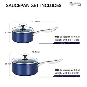 MICHELANGELO Saucepan Set, 1Qt & 2Qt Ceramic Sauce Pan with Lid, Nonstick Saucepans with Lids, Small Pot with Stainless Steel Handle, Oven Safe, Blue