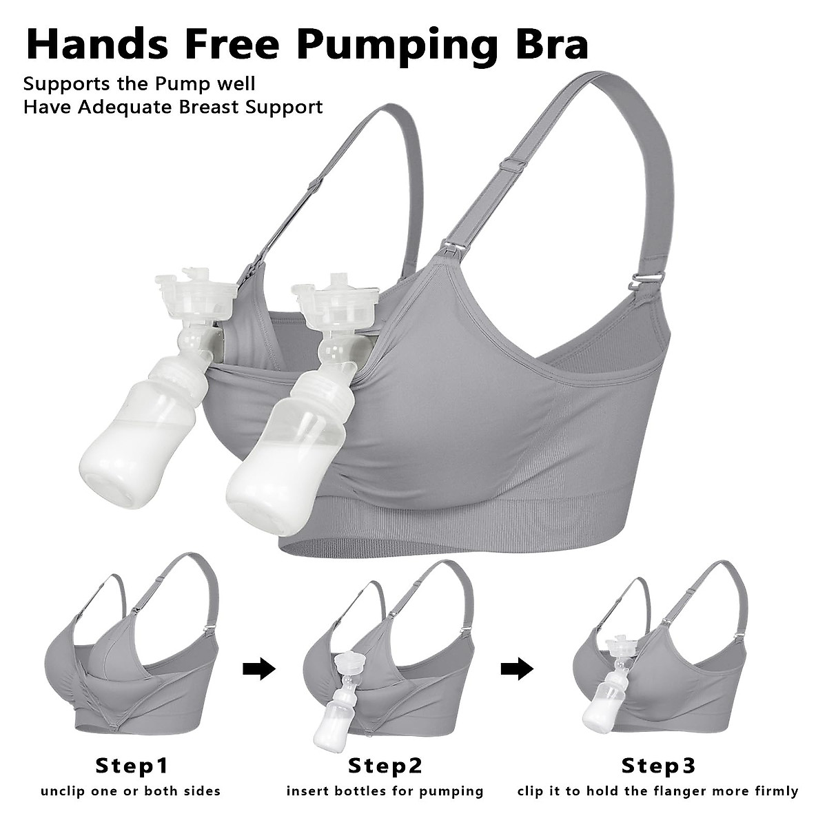iloveSIA 3PACK Nursing & Pumping Bra All in One Hands Free Pumping Bra Black+Gray+Beige Size XL