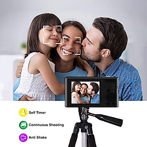 Acuvar 44MP Compact Point & Shoot Digital Camera, 16X Digital Zoom, 2.4 Inch Screen & 32GB SD Card, Card Reader, 6" Tripod & 6PC Card Holder Vlogging Camera for Kids Teens Students Boys Girl (Black)