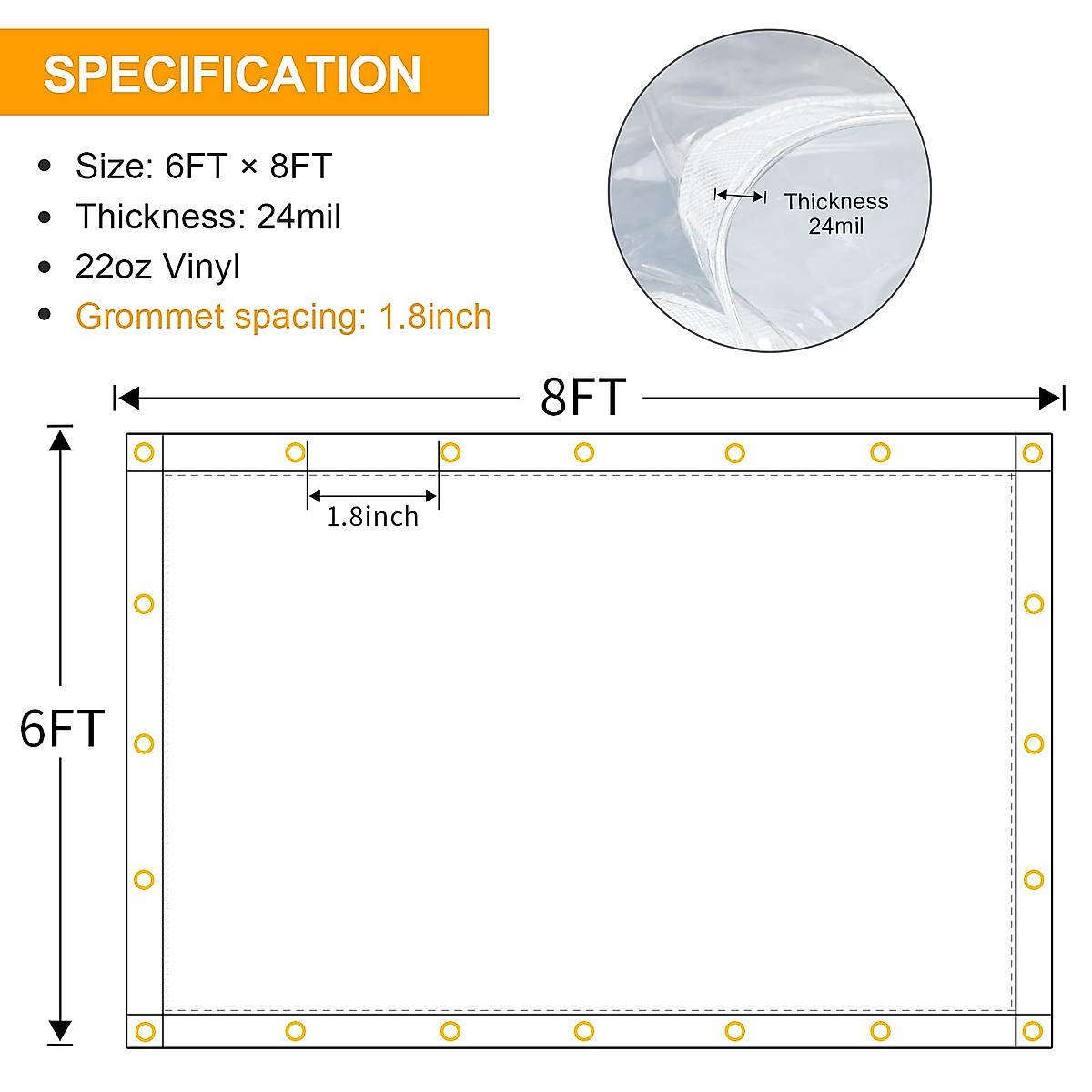 6 x 8FT Outdoor Clear Tarp Curtain Waterproof Wind-Proof 24 Mil Transparent Vinyl Tarp for Patio Pergola Garden Canopy Rainproof Anti-Tear PVC Thick Cover with Grommets