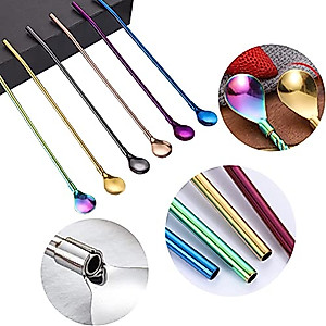 14Pcs Straws Spoon, BetterJonny Stainless Steel Drinking Spoon Straws 2 in 1 Long Handle Reusable Straws Spoon with 2 Cleaning Brushes for Latte Macchiato (7 Color)