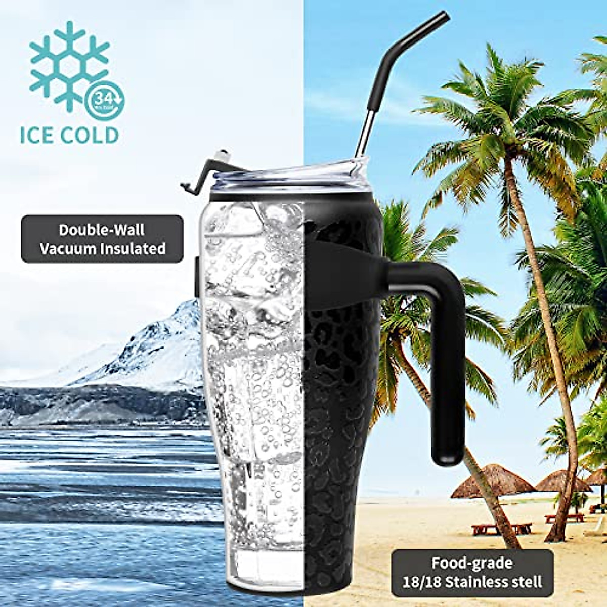 LAOION 40 oz Tumbler with Handle and Straw,Stainless Steel Mug with Leak Proof Screw Seal Lid,Dual Insulated Large Cup with handle,Keeps Drinks Cold for 24 Hrs,Sweat Proof,BPA Free-Black Leopard