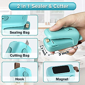 TYHJOY Mini Chip Bag Sealer, Handheld Heat Vacuum Sealer and Cutter, Portable Chip Bag Resealer Machine for Snack Plastic Fresh Bags Cookies - Green - 2xAA Batteries Included