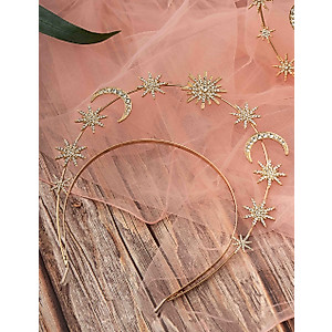 Star and Moon Halo Crown Goddess Crown Celestial Headband Starburst Halo Wedding Bridal Prom Tiara (2-Gold)