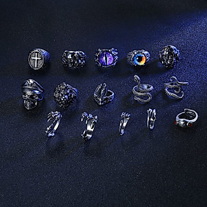 Subiceto 15 Pieces Vintage Punk Rings Adjustable Gothic Rings for Women Men Frog Octopus Snake Skull Claw Cool Rings Set Jewelry