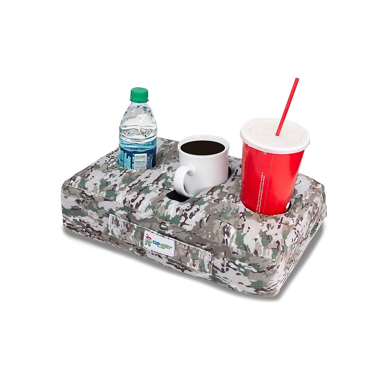 Cup Cozy Pillow (Camo)- The World's Best Cup Holder! Keeps Drinks Close.Stops Spills.Use it on The Couch, Bed, car, RV, Park, Camping, Beach and More!