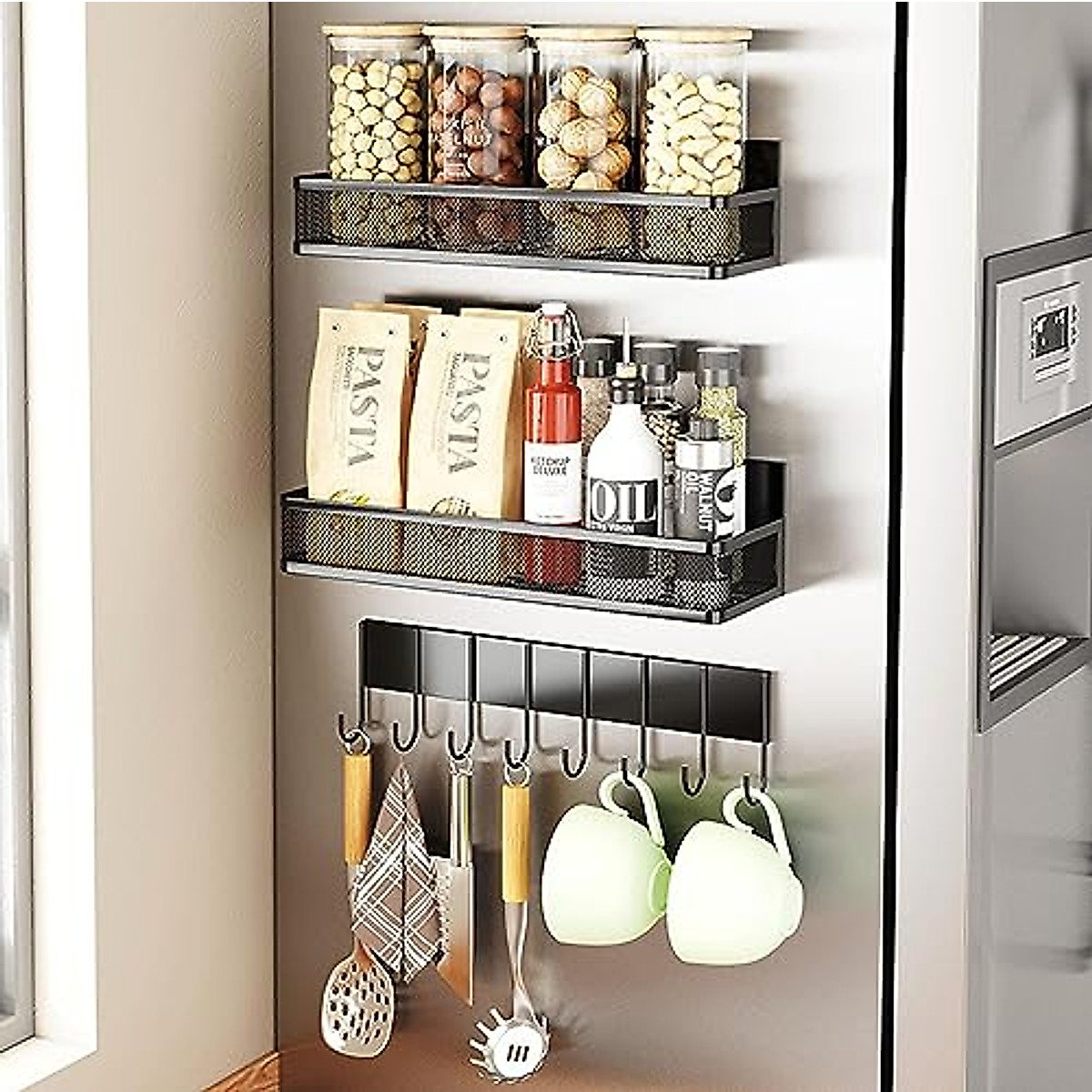Aobvrey 3 Pack Magnetic Spice Rack Organizer, Refrigerator Organization and Storage, Metal Kitchen Organization Seasoning Organizer Shelf, Magnetic spice rack for Refrigerator Microwave Oven (Black)