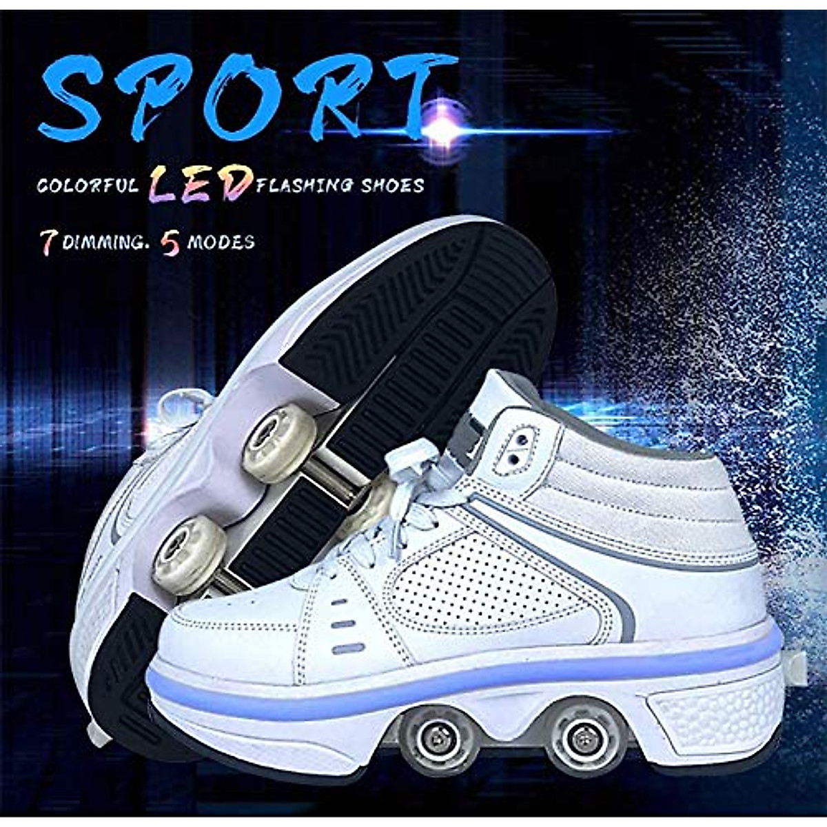 LDTXH Automatic Walking Shoes Invisible Roller Skate, 2-in-1 Parkour Shoes/Inline Roller Skating Shoes, Double-Row Quad Roller Skates Outdoor Sports Kick Rollershoes,White with Light,7.5