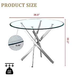 36" Round Dining Table for 4, Glass Kitchen & Dining Room Tables, Modern Circle Dining Room Table w/0.39" Tempered Glass Tabletop,Silver Finish Stainless Steel Legs for Dinner Small Space(No Chairs)