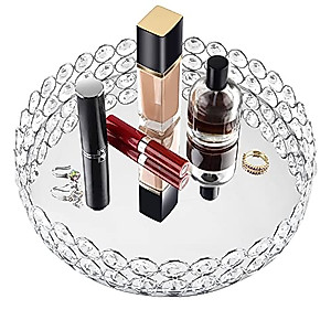 MOVNO Perfume Mirrored Trays for Vanity Makeup Organizer, Crystal Cosmetic Storage for Bedroom Dresser, Round Sliver Glass Decorative Tray for Jewelry, Skin Care Storage for Bathroom Countertop