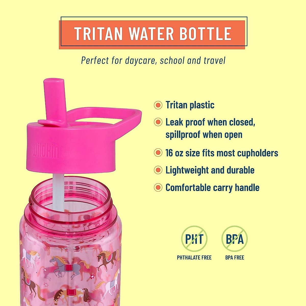 Wildkin Kids 16 Oz Water Bottle – BPA-Free Tritan, Leak-Proof Lid, Durable & Easy to Clean - Horses