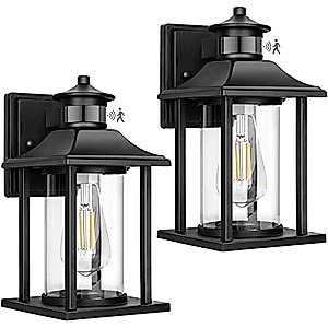 2-Pack Motion Sensor Outdoor Wall Lanterns, Waterproof Dusk to Dawn Outdoor Wall Sconces, Motion Activated Patio Wall Light Fixtures, Clear Glass Porch Lights Wall Mount for Entryway Doorway Garage