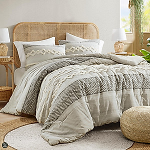 Hyde Lane Boho Gray Comforter Set King, Farmhouse Bedding Sets, Cotton Top with Modern Neutral Style Clipped Jacquard Stripes, 3-Pieces Including Matching Pillow Shams (104x90 Inches)