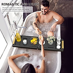 Bathtub Tray Bath Caddy Tray for Tub - Expandable Board and Book Stand Premium Leather Grip and Non-Slip Pat for Luxury Bath Bamboo Bathtub Table Tray for Home Spa and Gift Choice (Black)