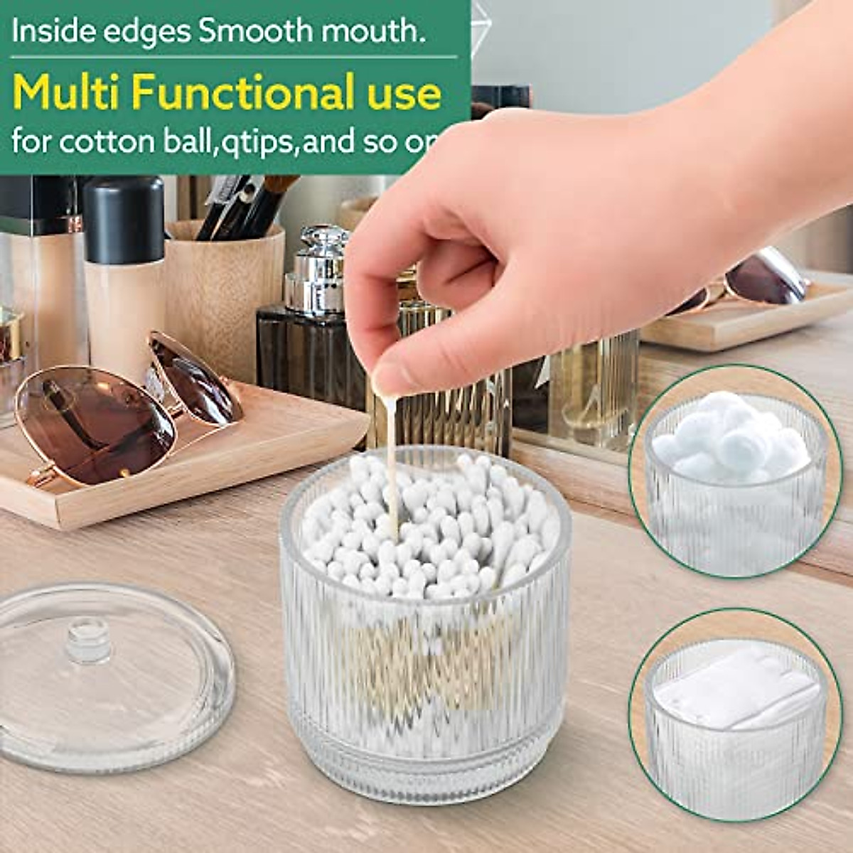 Bathroom Accessory Set,5 PCS Modern Premium Clear Glass Bath Accessories,Set of 2 Lotion Soap Dispenser,Toothbrush Holder,Qtip Holder & Acacia Wooden Tray,Gift for Home Decor & Countertop Organizer
