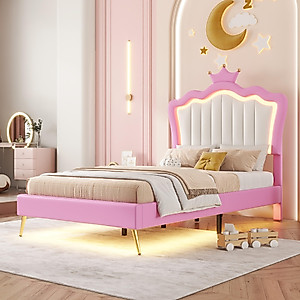 Linique Twin Size Upholstered Bed Frame with LED Lights, Modern Upholstered Princess Bed with Crown Headboard, Pink+White