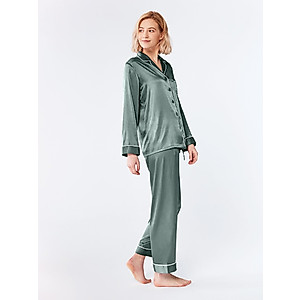 SIORO Womens Pajama Sets Silk PJ Satin Pijamas Two Piece Pants Set Sleepwear Loungewear PJS Plus Size, Greyish Green, X-Large