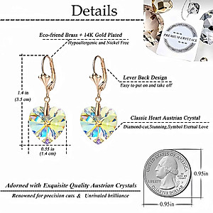 Austrian Crystal Heart Drop Leverback Earrings for Women Fashion Dangle Earring 14K Rose Gold Plated Hypoallergenic Jewelry (Aurora Borealis)