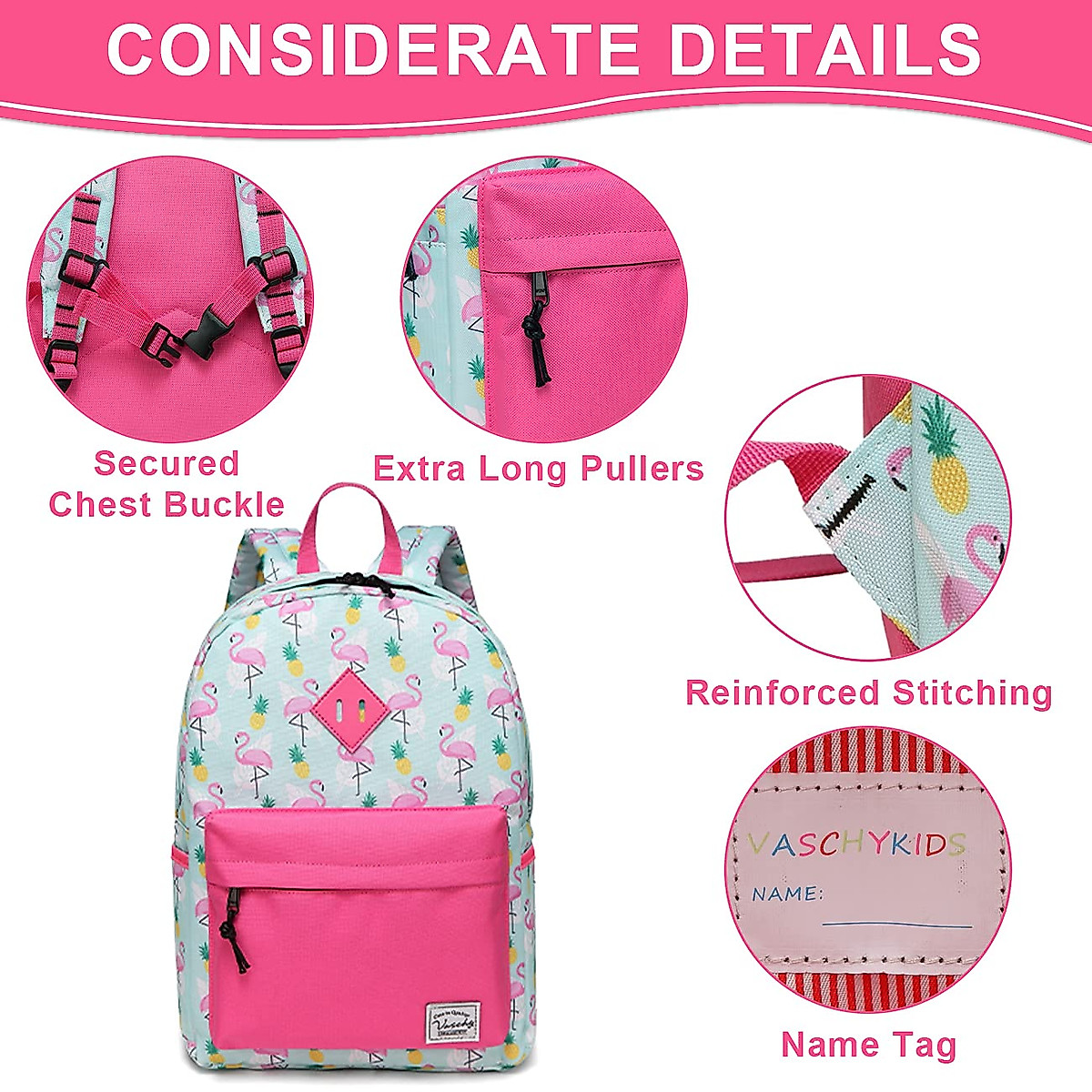VASCHY Kids Backpack for Little Girls, Preschool Backpacks for Toddler with Chest Strap Cute Pineapple Flamingos