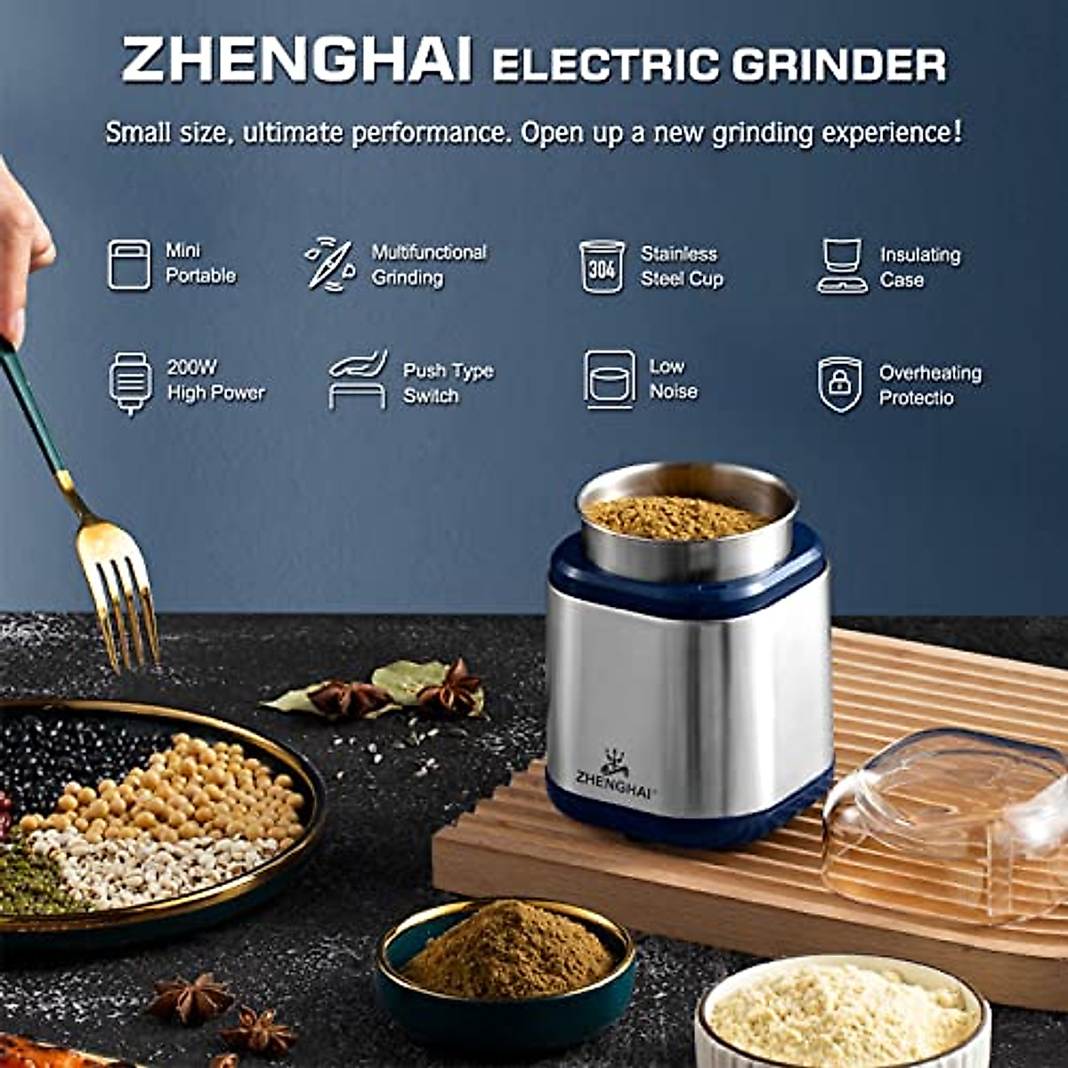 ZHENGHAI Electric Herb Grinder 200w Spice Grinder Compact Size, Easy On/Off, Fast Grinding for Flower Buds Dry Spices Herbs, with Pollen Catcher and Cleaning Brush (Blue)