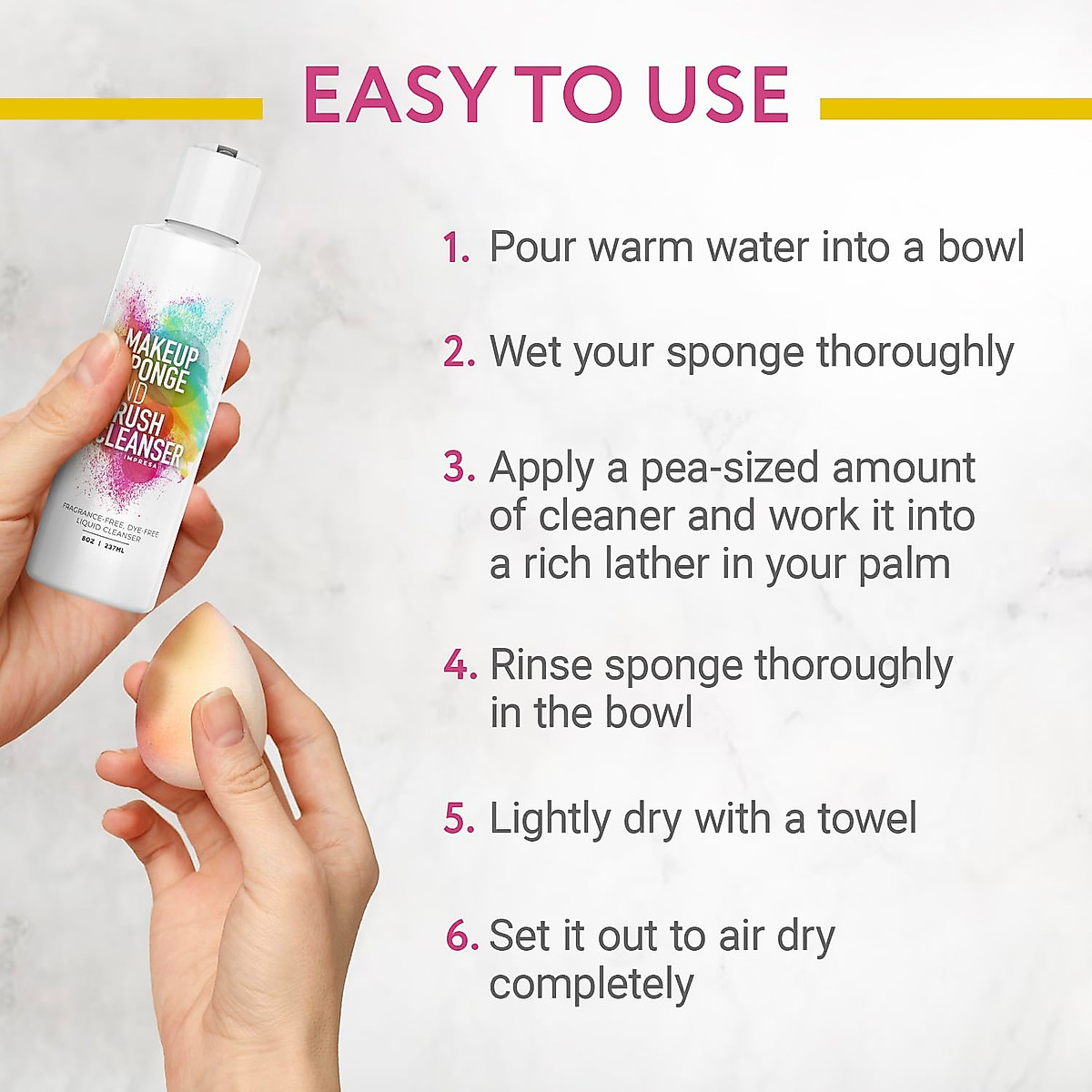 IMPRESA Makeup Sponge Cleaner - 8 oz - Removes Tough Stains, Residue, and Build-Up - Compatible with Foam Makeup Sponges and Beauty Blenders - Fragrance-Free and Dye-Free