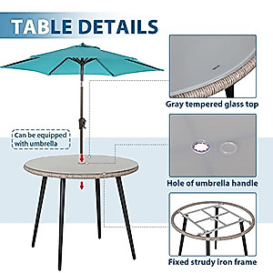 JOIVI 5 Piece Outdoor Dining Set, Wicker Patio Furniture Dining Table and Chairs Set with Cushions for 4 People, Tempered Glass Tabletop with 2.16” Umbrella Hole, for Lawn, Backyard, Garden