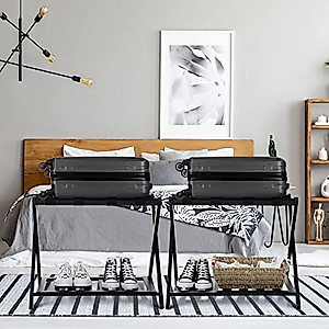 6 Pcs Folding Luggage Racks with Storage Shelf Foldable Suitcase Racks Bamboo Luggage Rack Suitcase Stand with Nylon Straps Strong Bearing Capacity Luggage Holder for Bedroom Guest Room Hotel, Black