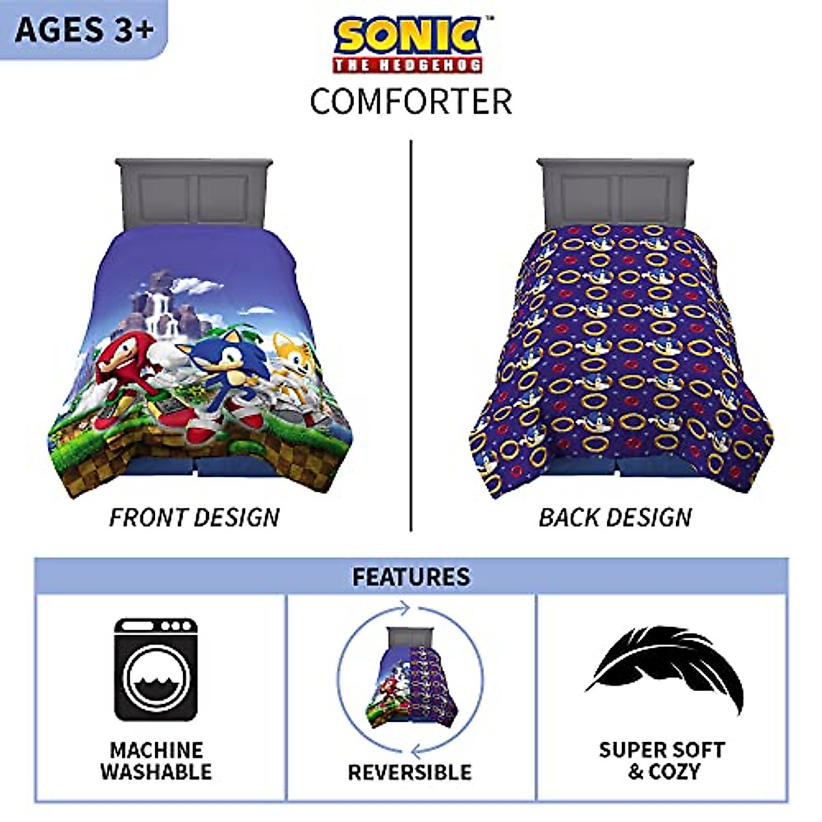 Franco Kids Bedding Super Soft Microfiber Reversible Comforter, Twin/Full, Sonic The Hedgehog, Anime