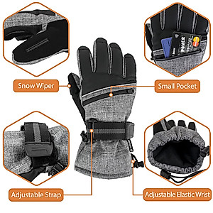SUN CUBE Ski Gloves Men Women, Waterproof Thermal Winter Snow Gloves, Windproof 3M Thinsulate Snowboarding Snowmobile Skiing, Insulated Warmers Zipper Pocket Cold Weather Outdoor Snowboard, Gray XL