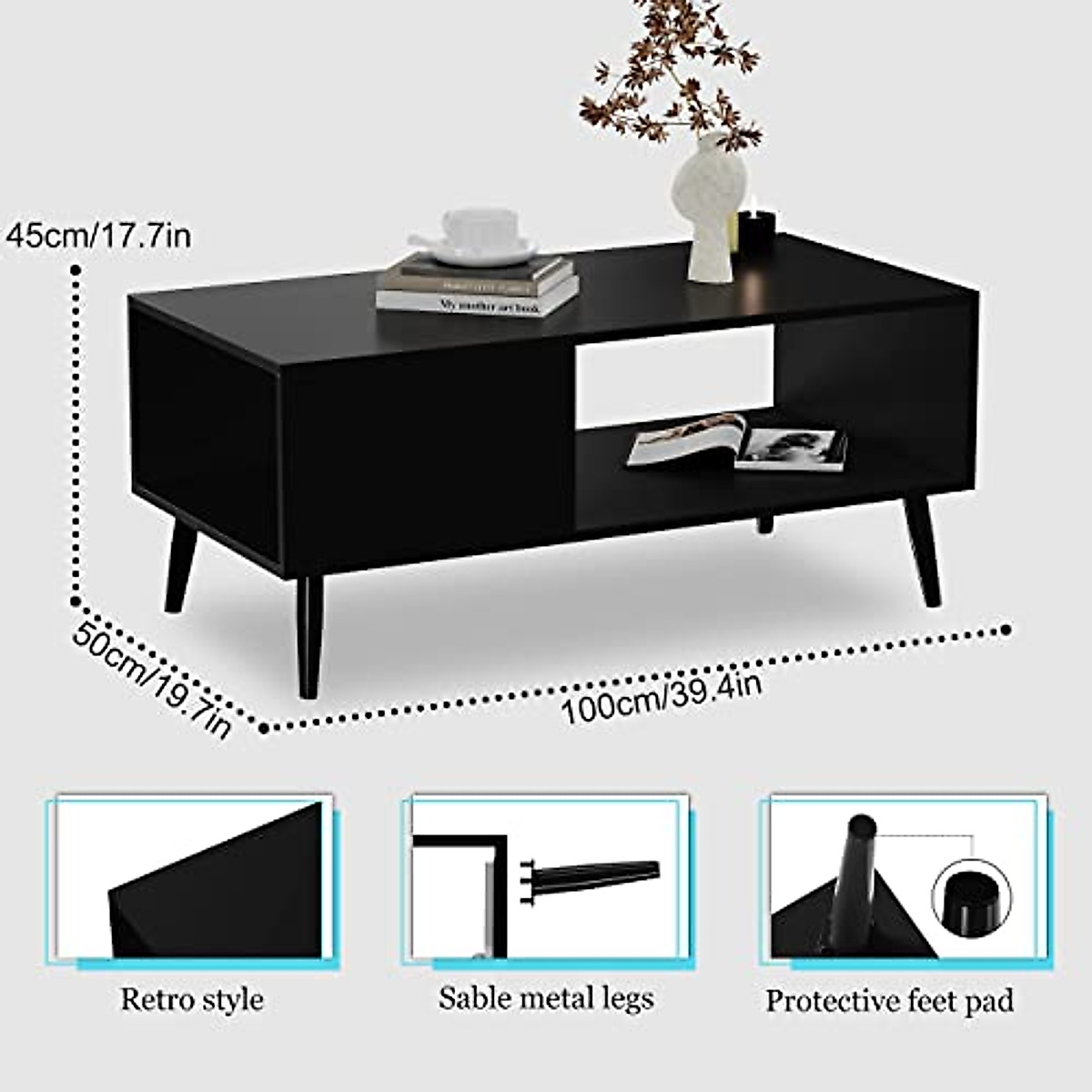 Yusong Modern Wood Coffee Table for Living Room, Retro Mid-Century Center Tables Cocktail Table with Storage Shelf for Reception, Black