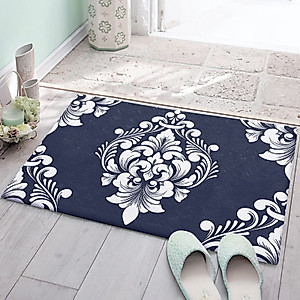 Door mat Door Mats Bath Rugs Classic Damask Flower on Navy Blue,Soft Fluffy Doormats Non Slip Carpet White Floral Shadow,gy Fuzzy Area Throw Rug for Kitchen/Bathroom/Bedroom/Living Room 18x30in