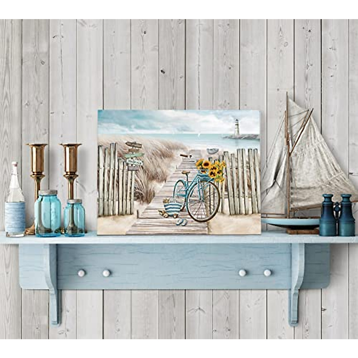 LAIART Beach Canvas Wall Art for Bathroom With Fence Wooden Path Bike Decor Lighthouse Print Pictures Artwork (11"x15")