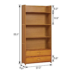 MoNiBloom 4 Tier Bookcase with 2 Drawers, Bamboo Large Multifunctional Shelf Storage Organizer Book Display Shelves for Home Living Room Office, Brown