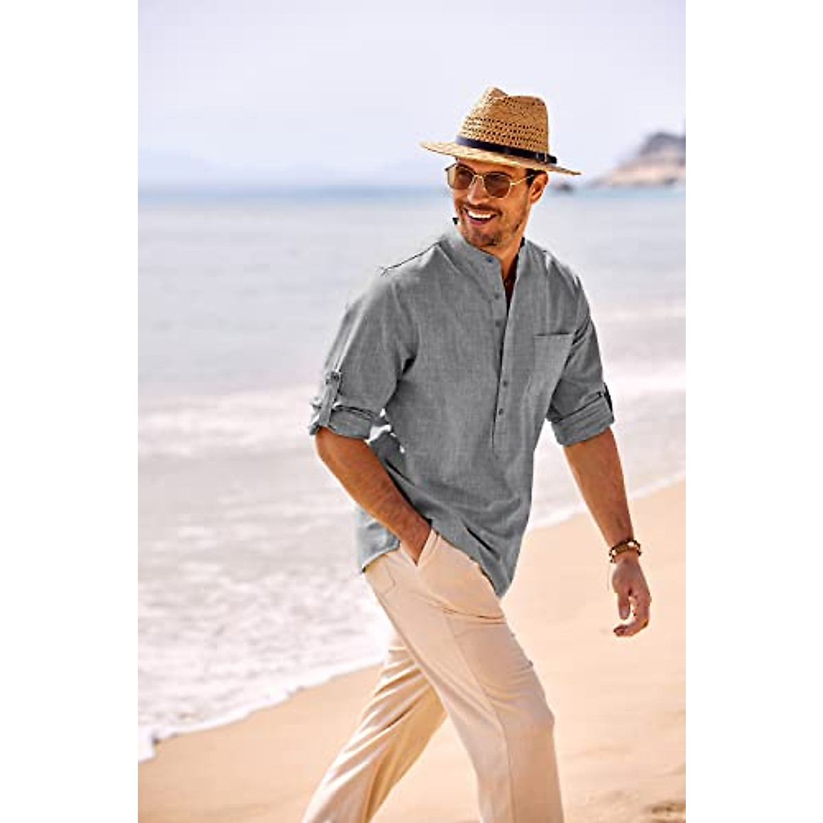 COOFANDY Men's Cotton Henley Shirt Long Sleeve Slim Fit Linen Casual Summer Beach Hippie T Shirt Light Grey
