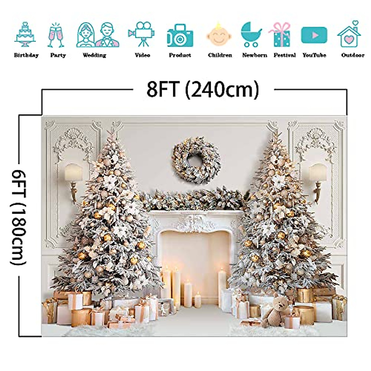 Mocsicka Classic Christmas Interior Room Photography Backdrop White Christmas Fireplace Photo Background Decorated Xmas Tree Family Kids Holiday Party Banner Decorations Photo Booth Props (8x6ft)