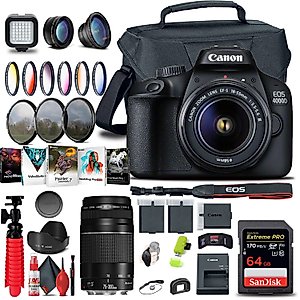 Canon EOS Rebel T100 / 4000D DSLR Camera with 18-55mm Lens + Canon EF 75-300mm Lens + 64GB Memory Card + Color Filter Kit + Case + Photo Software + 2 x LPE10 Battery + More (Renewed)