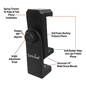 DaVoice Tripod Phone Mount Adapter, 360 Rotating Holder, Compatible with iPhone Smartphone Camera Stand, Universal Cell Phone Attachment Clip Clamp