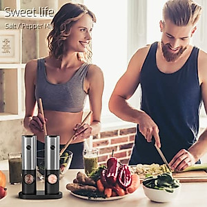HOMCYTOP Electric Salt and Pepper Grinder Set W/USB Rechargeable Base, No Battery Needed, One Handed Operation, Automatic Powered Spice Mill Shakers Refillable, Adjustable Coarseness, LED Light