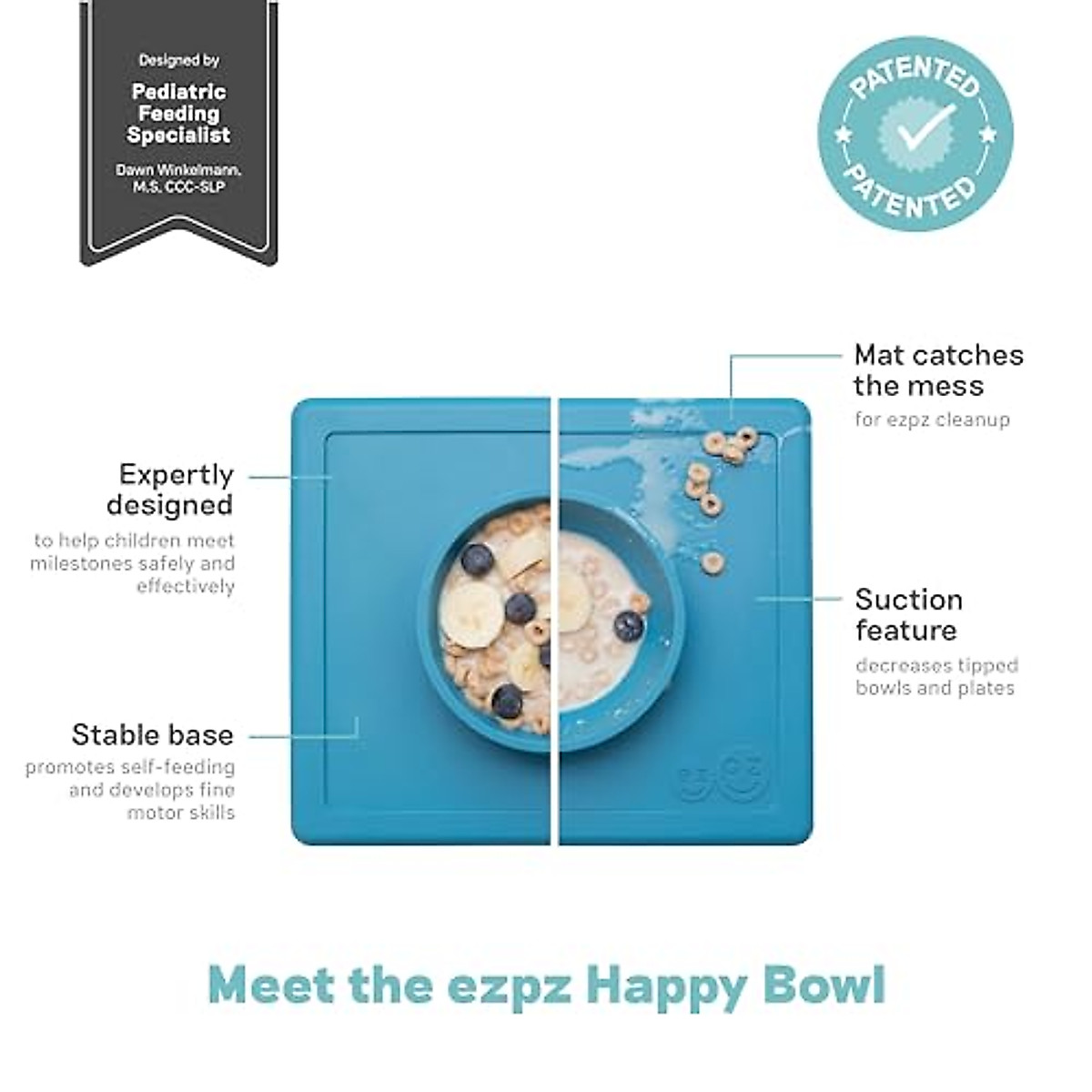 ezpz Happy Bowl - 24 Months + (Blue) - 100% Silicone Suction Bowl with Built-in Placemat – Dishwasher Safe