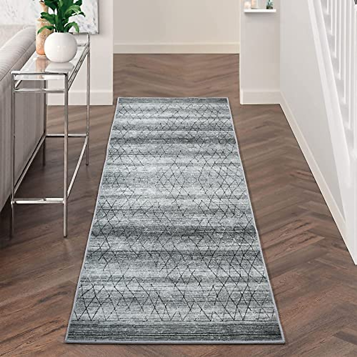 ROYHOME Area Rug Vintage Diamond Runner Rug Abstract Geometric Entryway Rug Washable Non-Slip Distressed Bedroom Mat Indoor Entrance Carpet for Living Room Kitchen, Grey, 2' x 6'