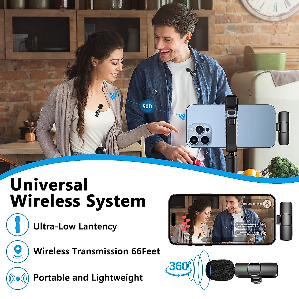Caymuller Professional Wireless Lavalier Lapel Microphone for iPhone iPad, Mini Lapel Mics Plug-Play 2.4G Ultra-Low Delay Noise Reduction Chip for Video Recording Interview Podcast Vlog YouTube Tiktok