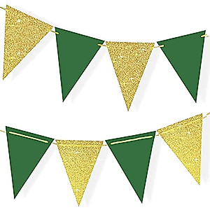 Graduation Party Decorations Green Gold 2023/St. Patrick’s Day Decorations/Birthday Party Decorations Green Gold 2pcs Glitter Gold Green Triangle Banners/Christmas Decorations/Spring Summer Party